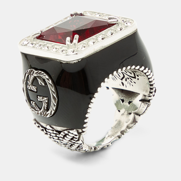 Gucci | Jewelry | Gucci Sterling Silver Crystal Embellished Signet Ring ...